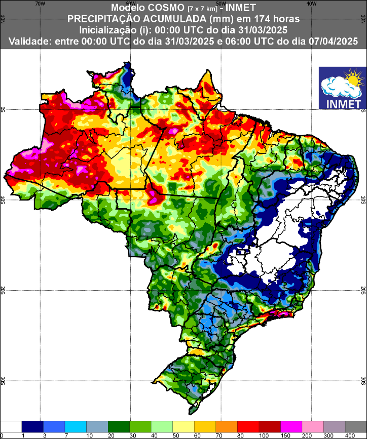 Inmet divulga previsão de chuvas do Modelo Cosmo para o Brasil nesta ...